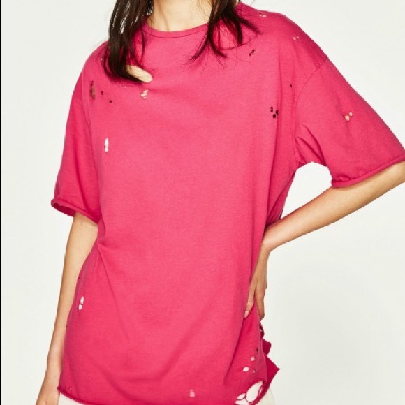 Zara | Tops | Zara Rippeddistressed Pink Tshirt Sz Small Nwt | Poshmark